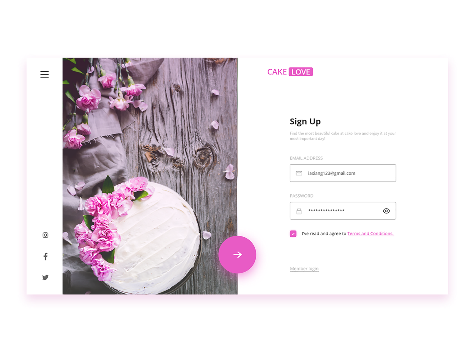 Cake web sign up design by Chloe Wu on Dribbble