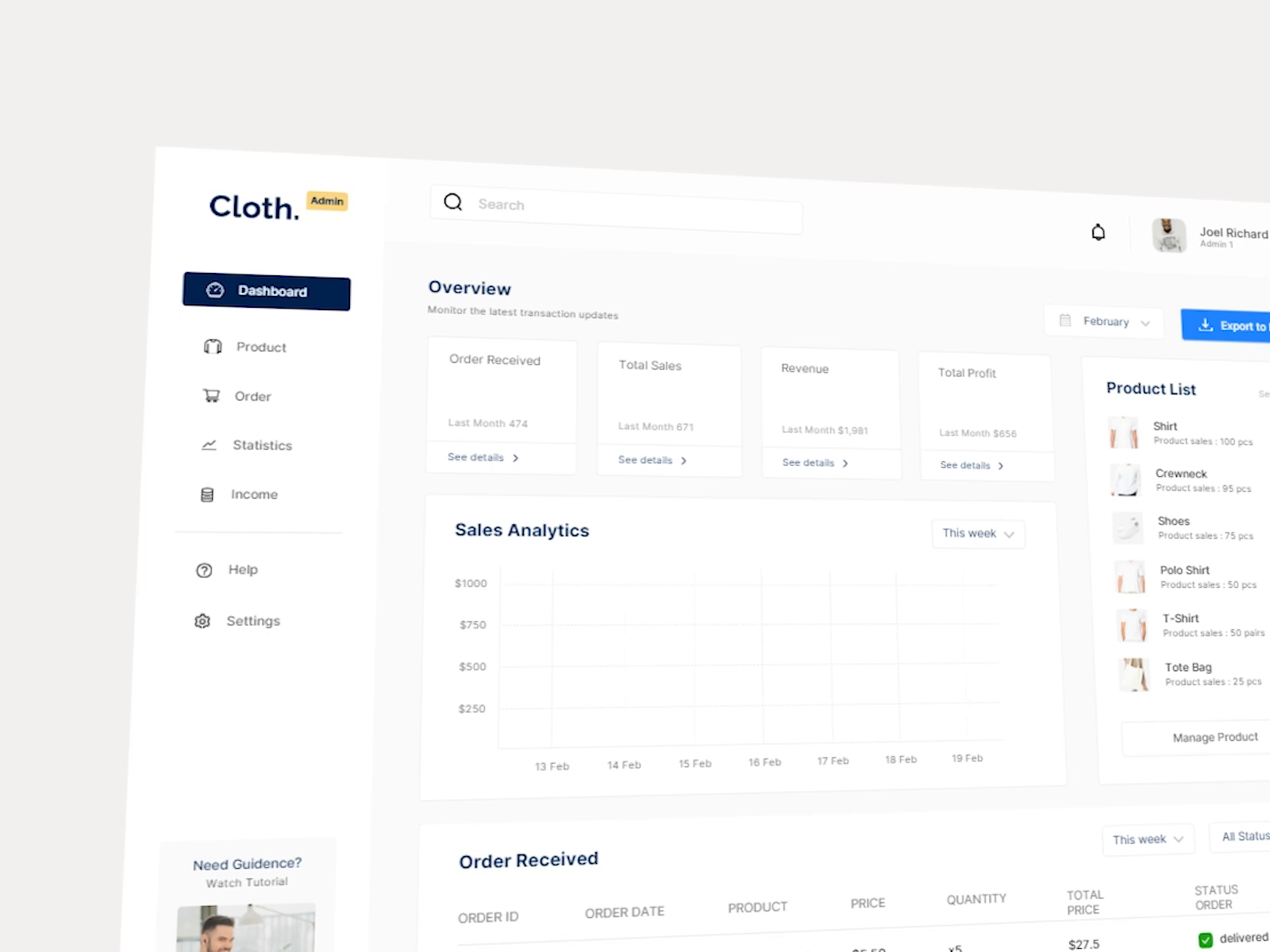 Admin Dashboard - Cloth👕 by Elda Chandra for Visual Kreasi on Dribbble