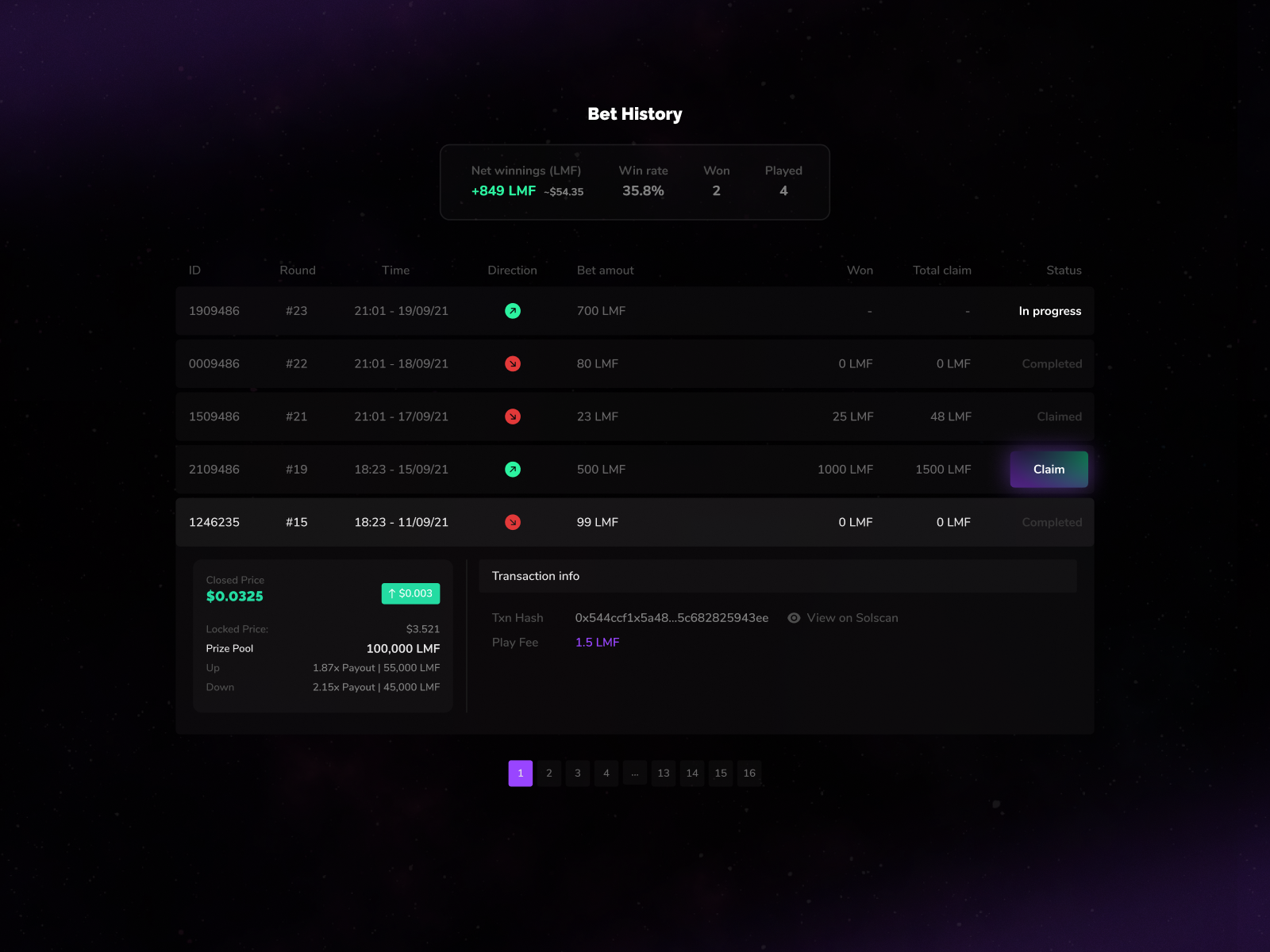 Bet history - Table Design - Lamas Finance #4 by Tien Tien N. on Dribbble