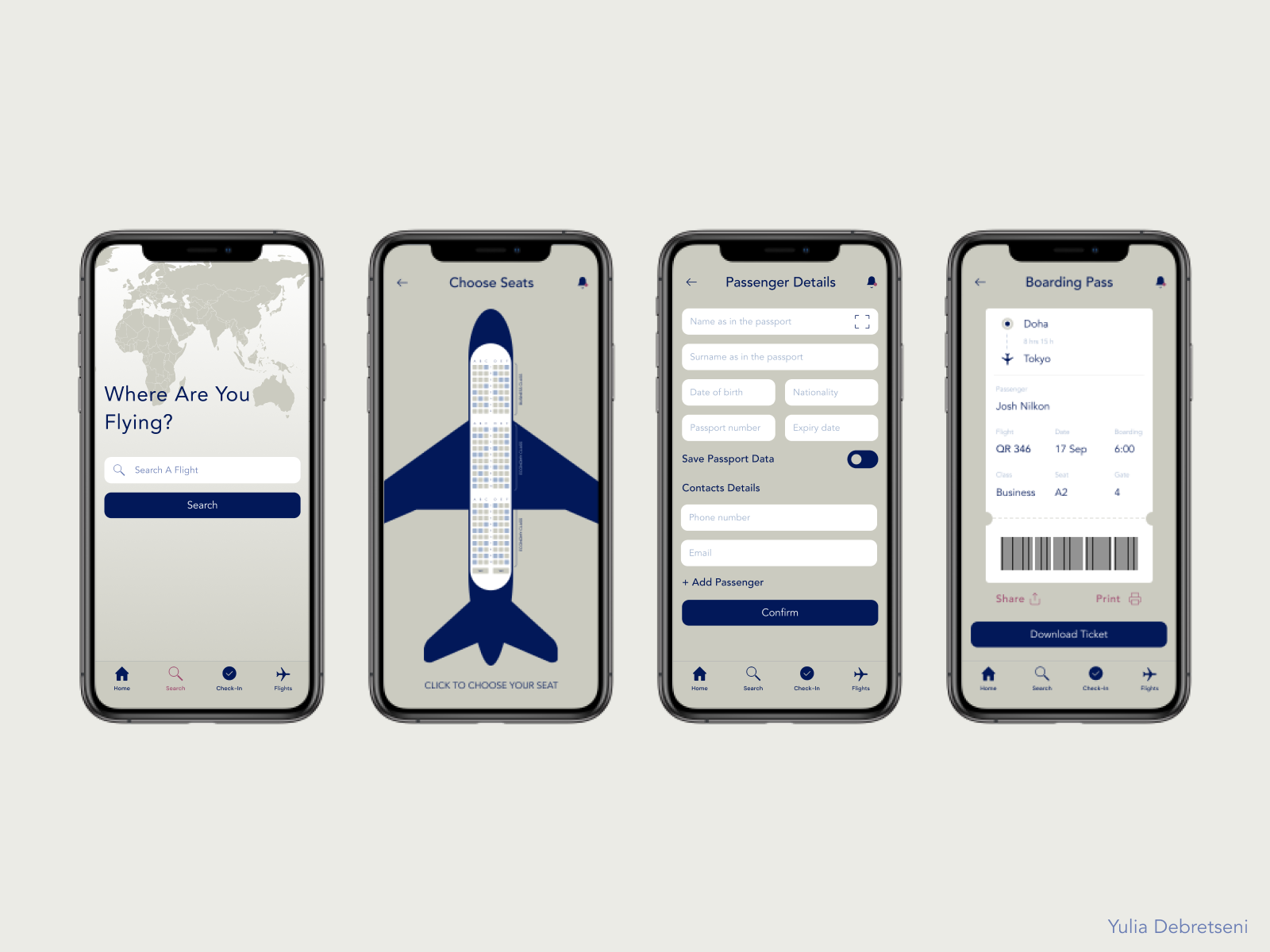 Booking a flight / Application by Yulia Debretseni on Dribbble
