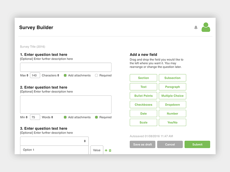 Indaba survey builder by Kiersten Clingersmith on Dribbble