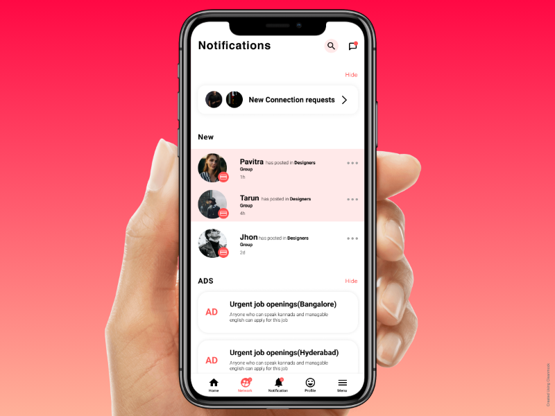 networking app notification screendesign by Rohith dhanala on Dribbble
