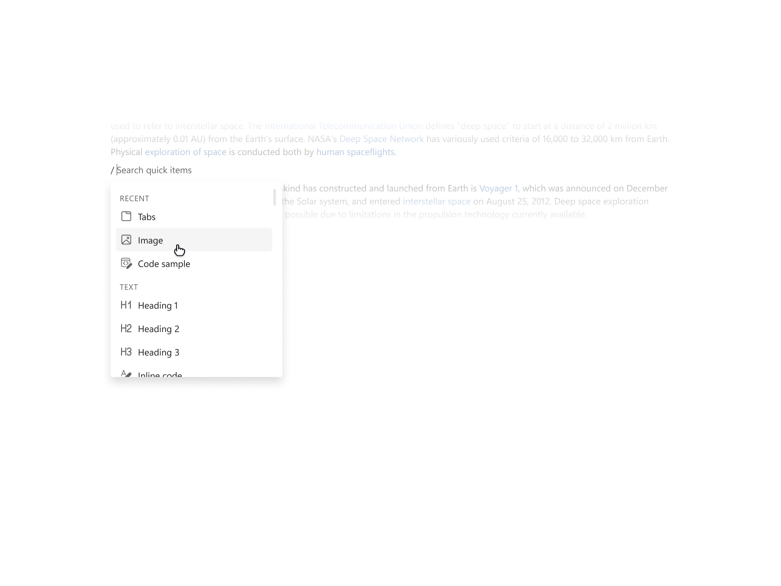 Text editor quick insert menu by Ian Corvin on Dribbble