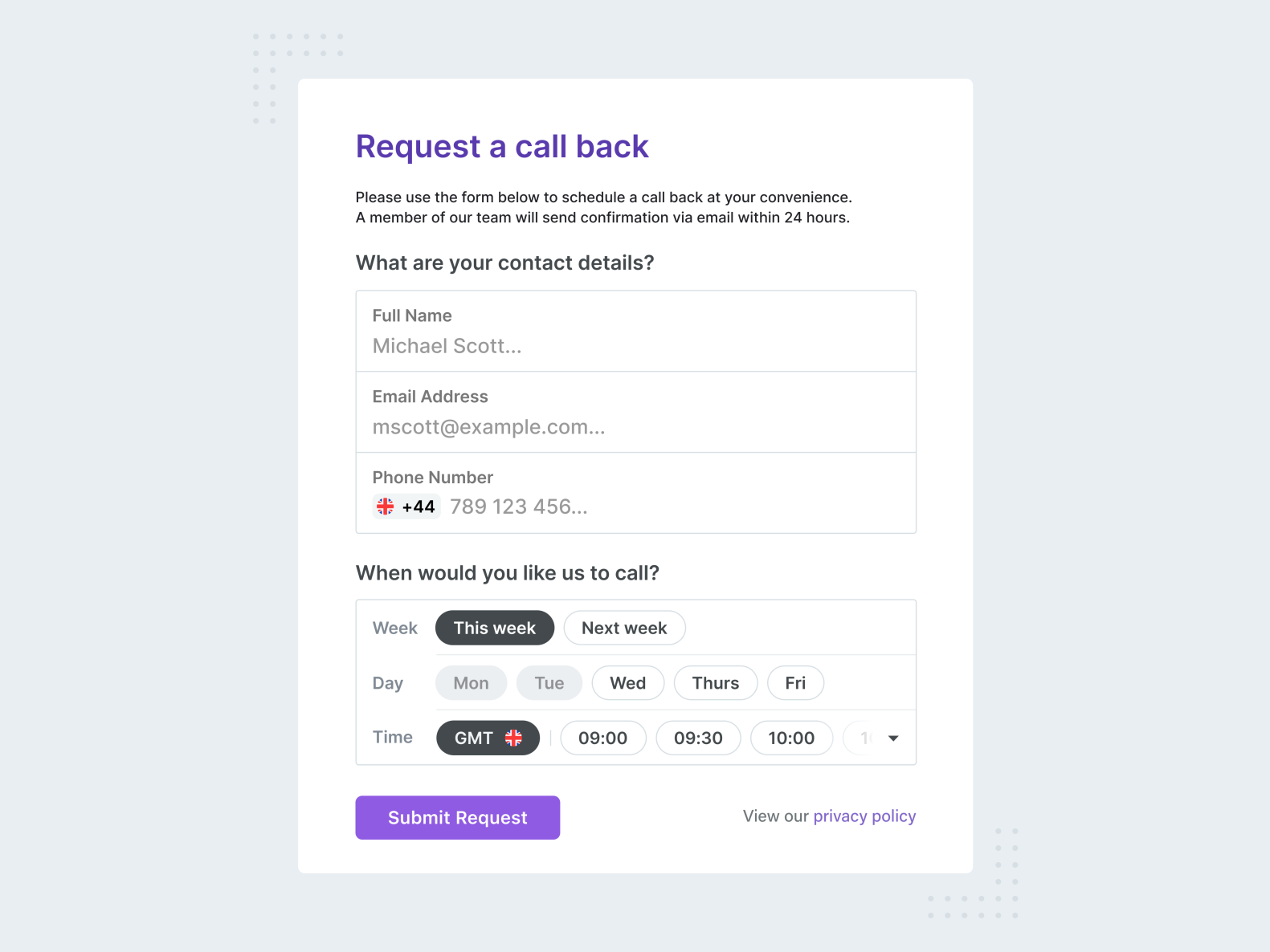 Call Back Form by Azeem Hadi on Dribbble