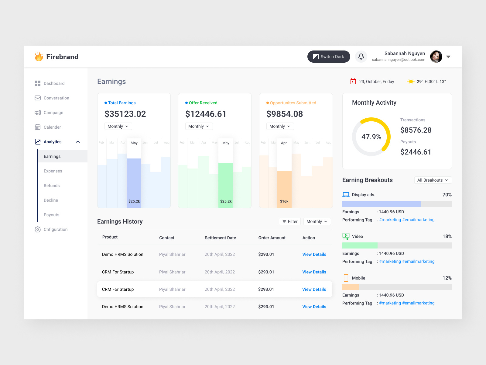 Earnings Page For Marketing Application by Shahriar Sultan for Dezzlab ...