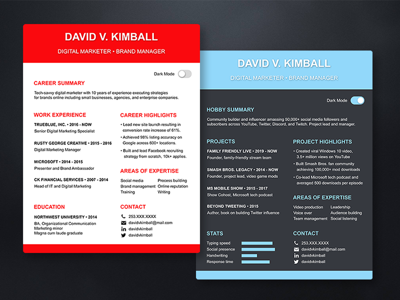 Light Theme and Dark Theme Resume by David V. Kimball on Dribbble