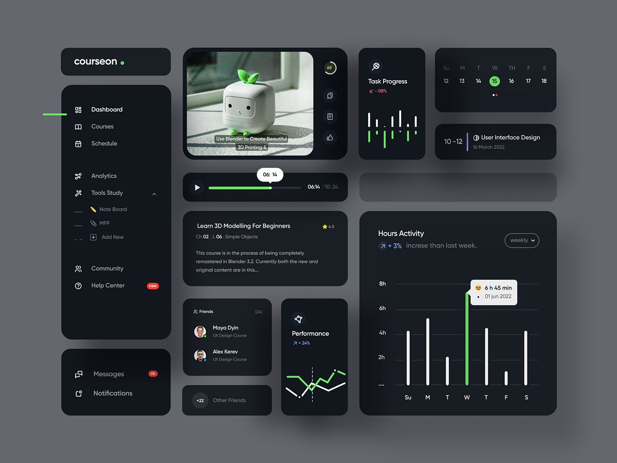 Courseon | E-Learning Dashboard Components | Dark Version by Mohaddese for Reverb on Dribbble