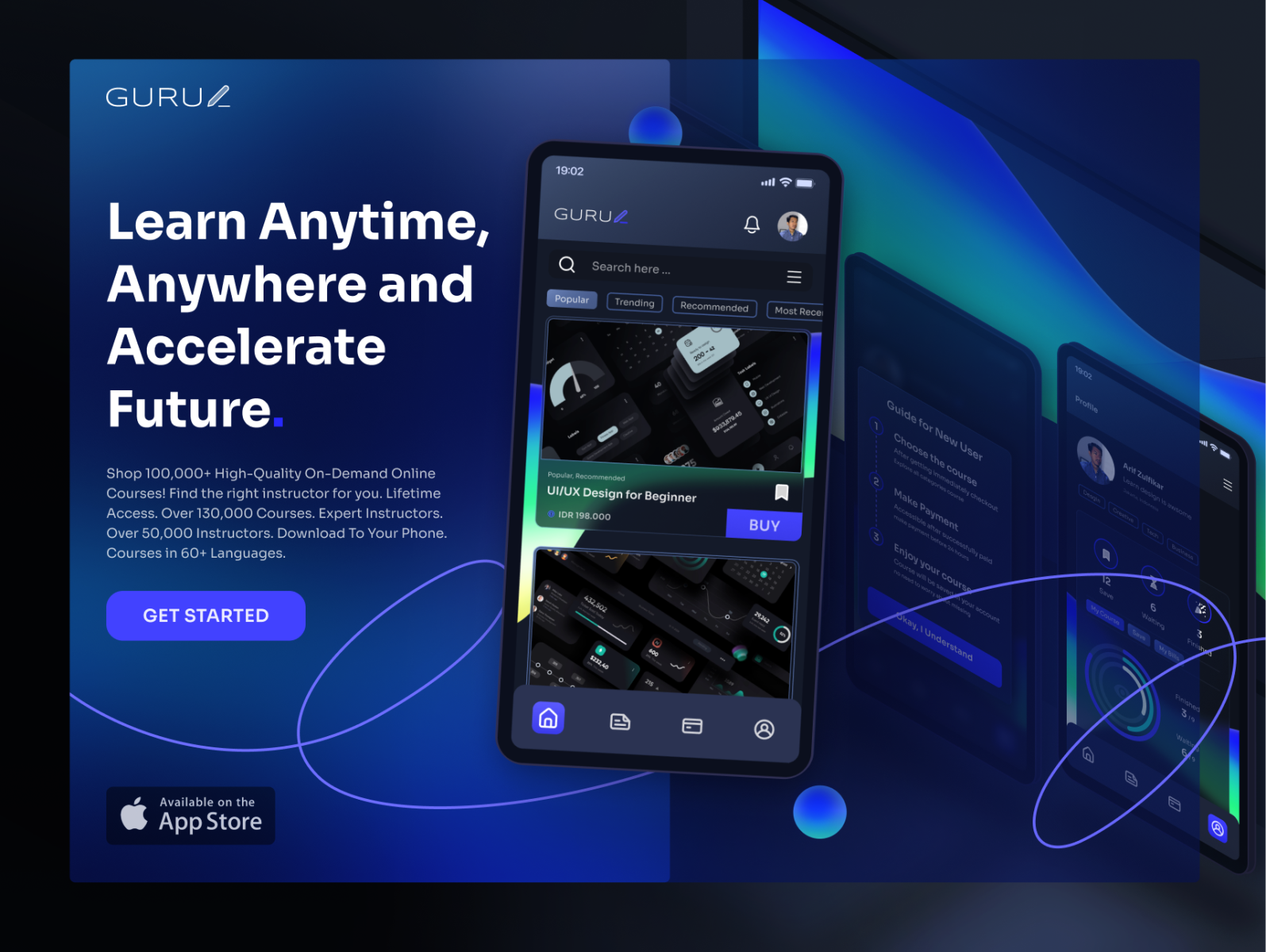 Guru Mobile Apps, Landing Page, Get Started, Learn, My Course by Ahmad ...