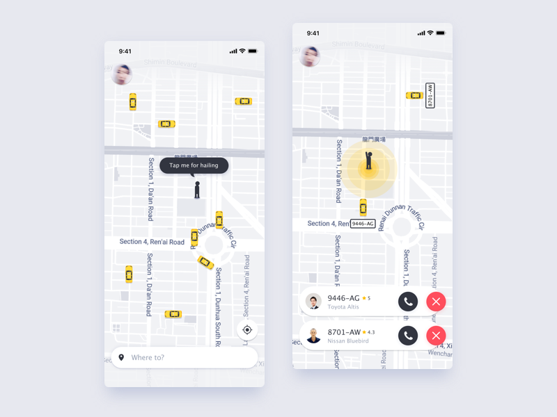 Taxi UI app by Bee Li on Dribbble