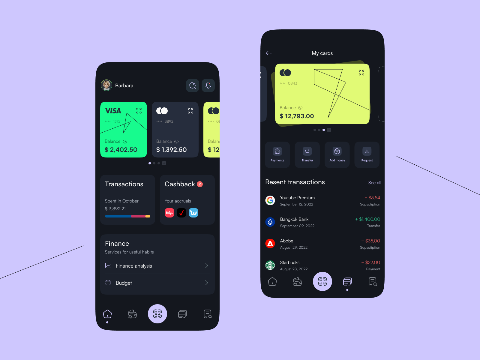 Banking Mobile App - Dark theme by Varvara Selezneva on Dribbble