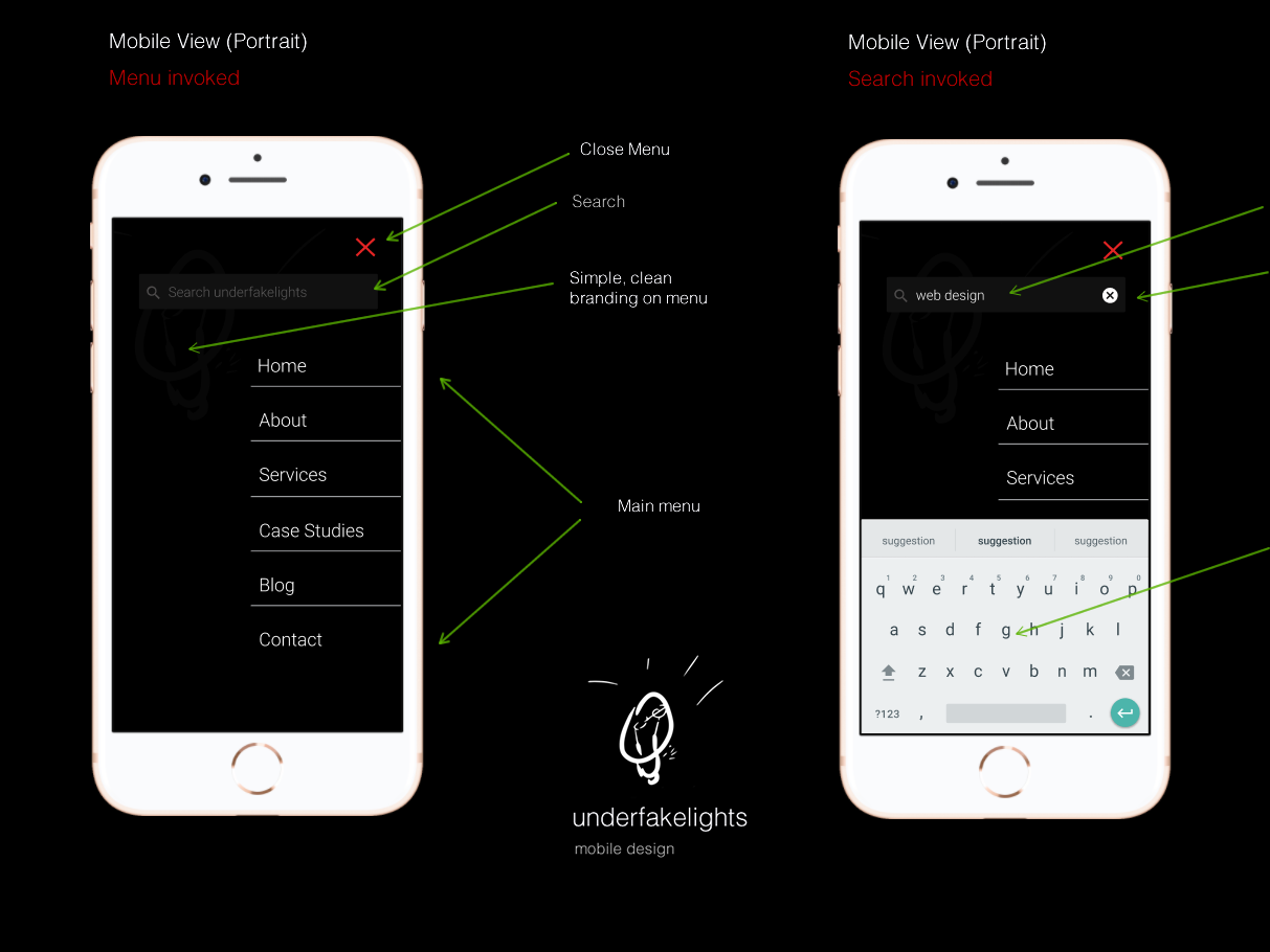 Mobile (Portrait) menu and invoked search by Underfakelights on Dribbble