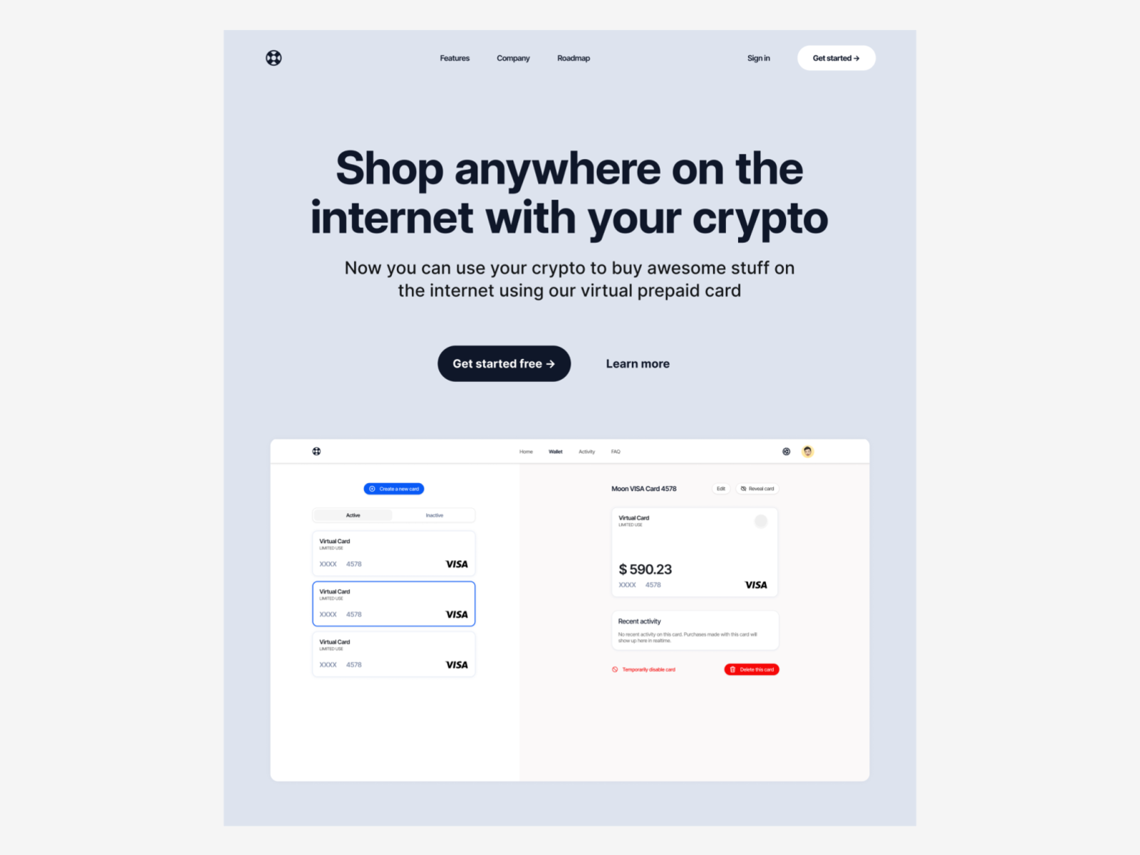 Landing page for crypto virtual cards by Tatenda Chris on Dribbble