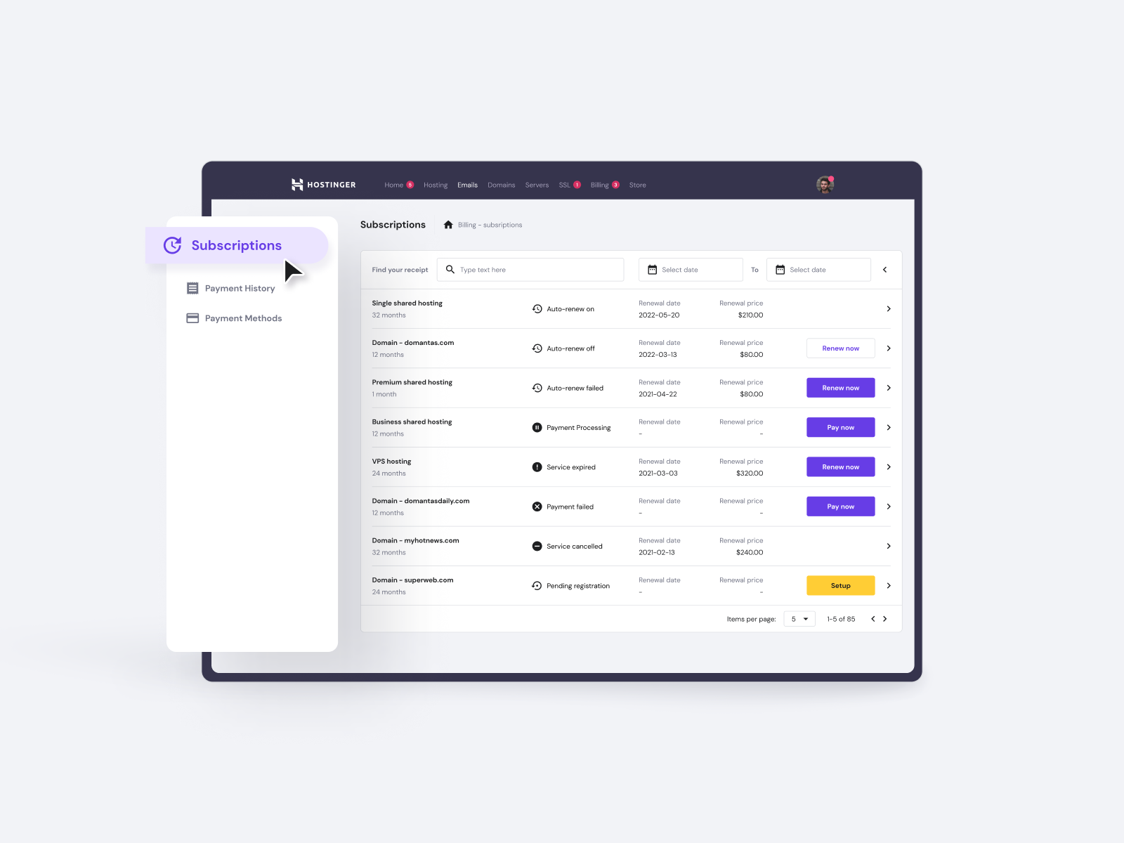 Hostinger - billing dashboard by Muammar Irfan on Dribbble