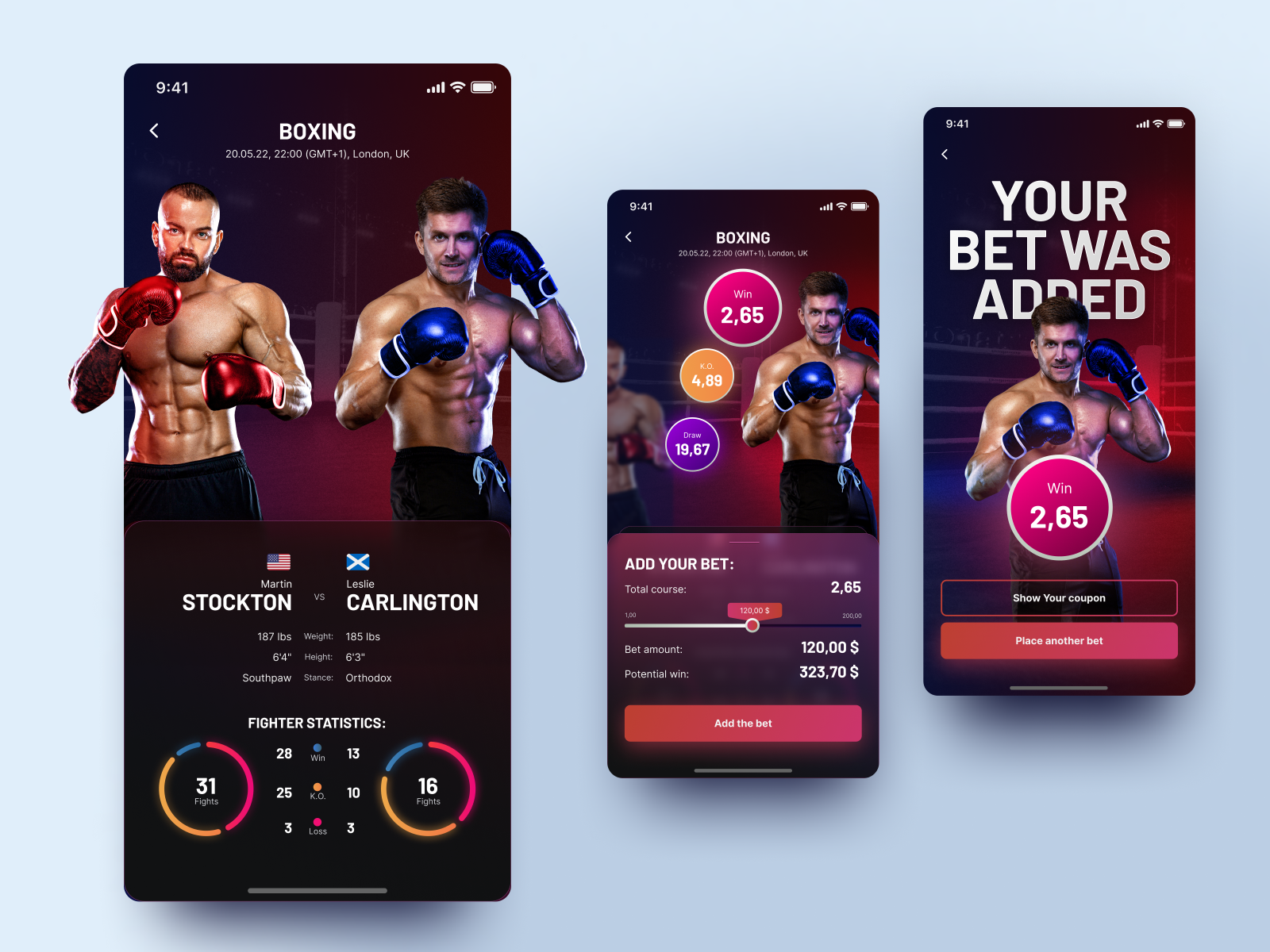 Boxing betting app concept by Tomasz Sabuda for Qodeca on Dribbble
