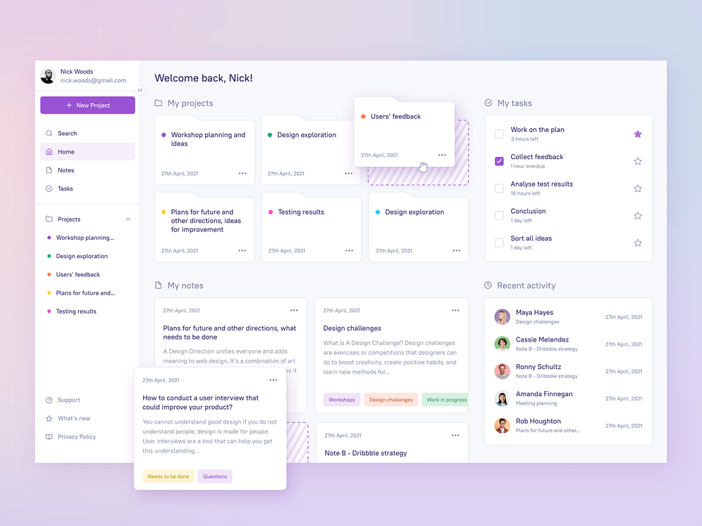 Note-taking app dashboard design by Jevgenia Tetik on Dribbble