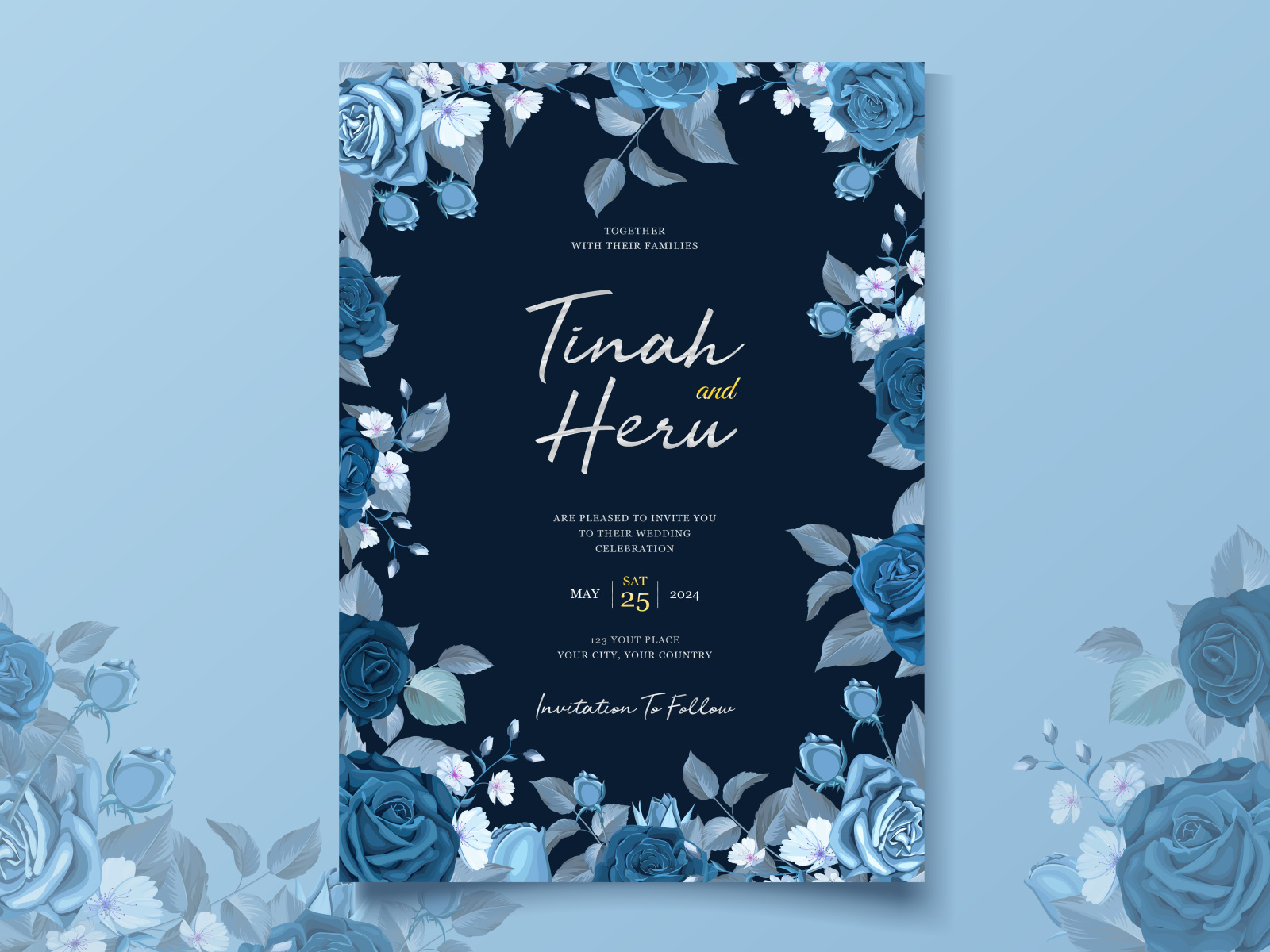 wedding classic blue floral invitation card template by lukasdedi on ...