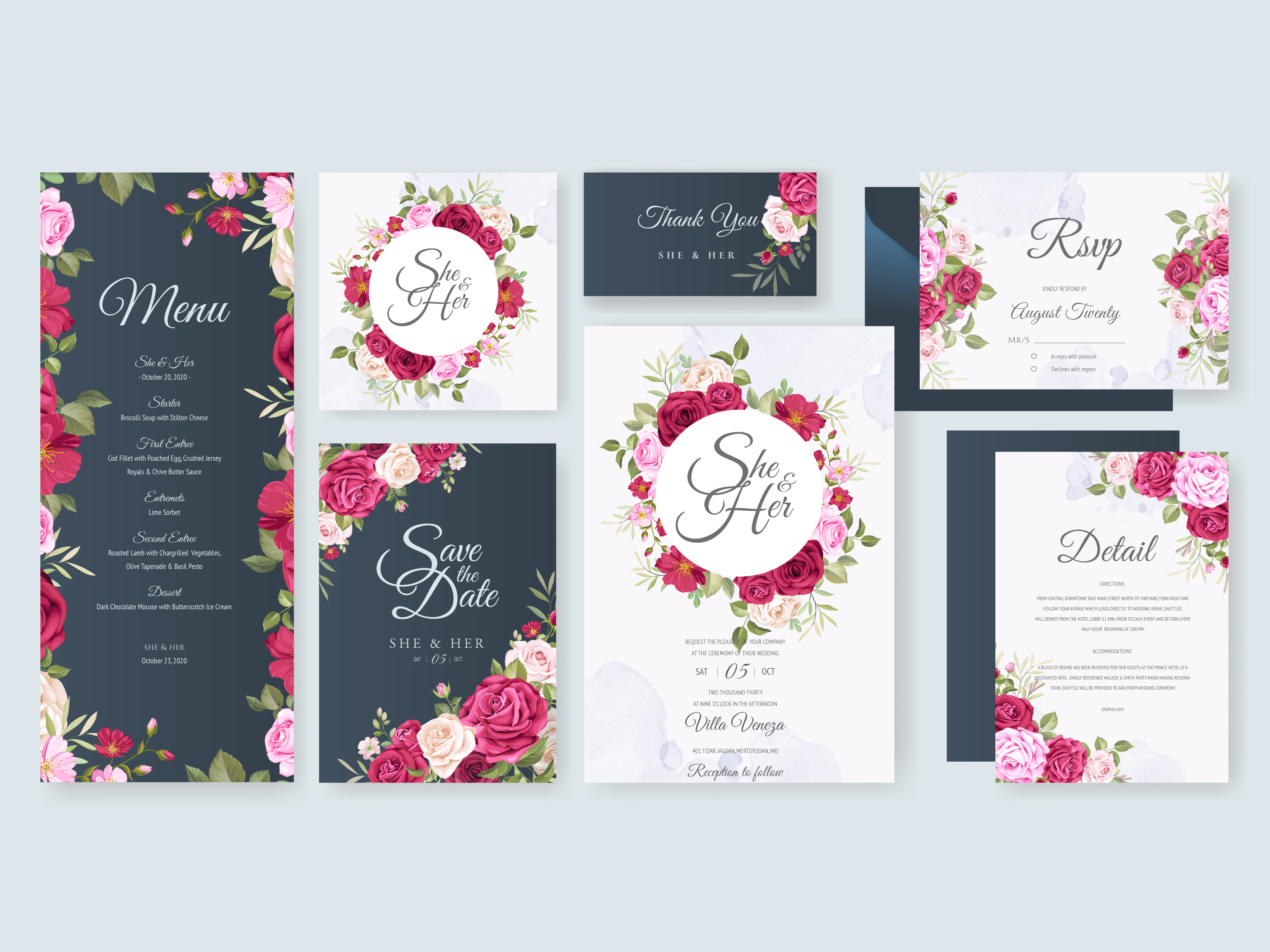 Wedding card set with floral and leaves background template by ...