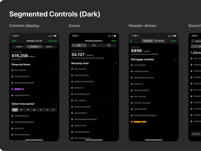 Figma iOS mobile app kit - Segmented controls UI design by Roman Kamushken for Setproduct on ...