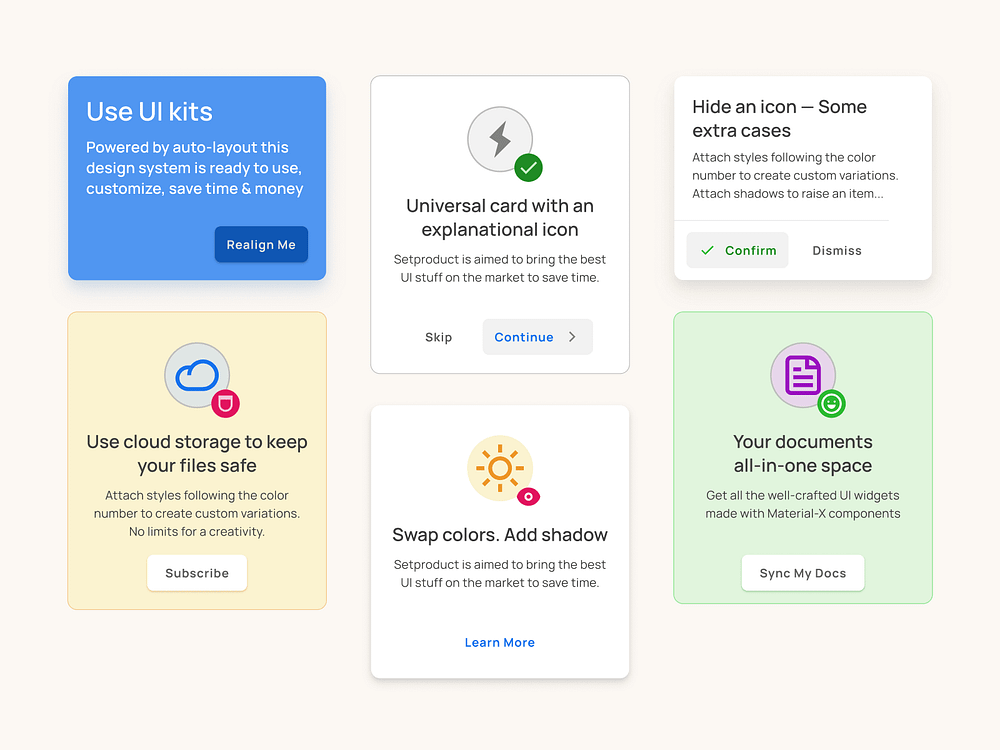Cards UI design for Material X system kit by Roman Kamushken for ...