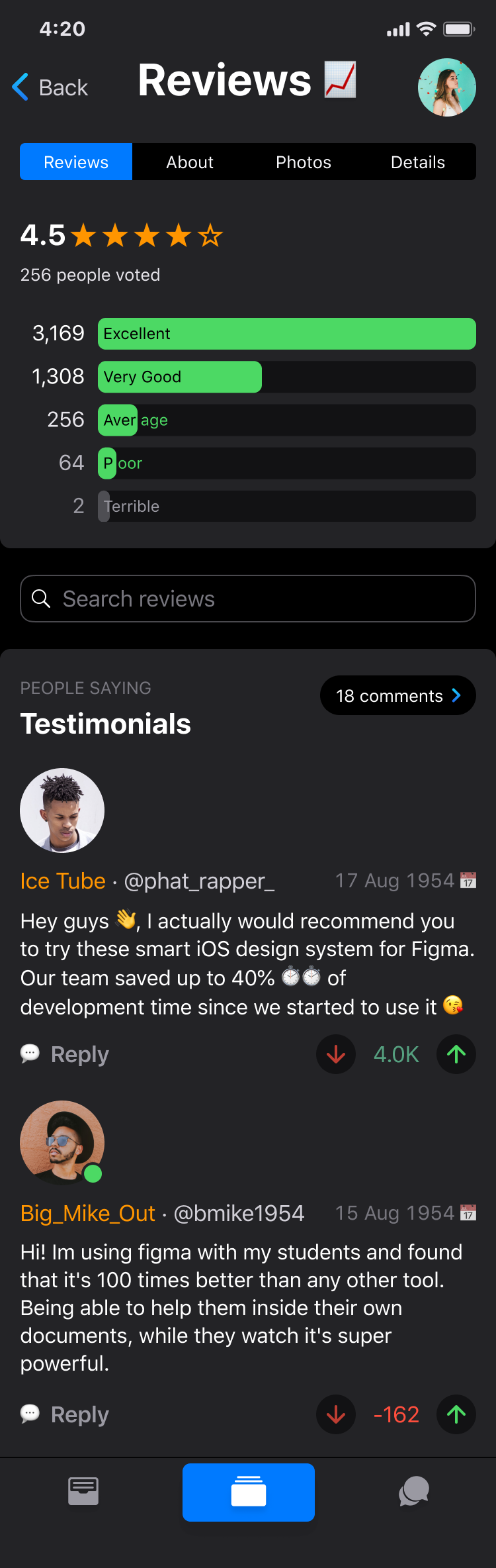 Dribbble - comments_ui_design_for_dark_ios_figma_kit.png by Roman Kamushken
