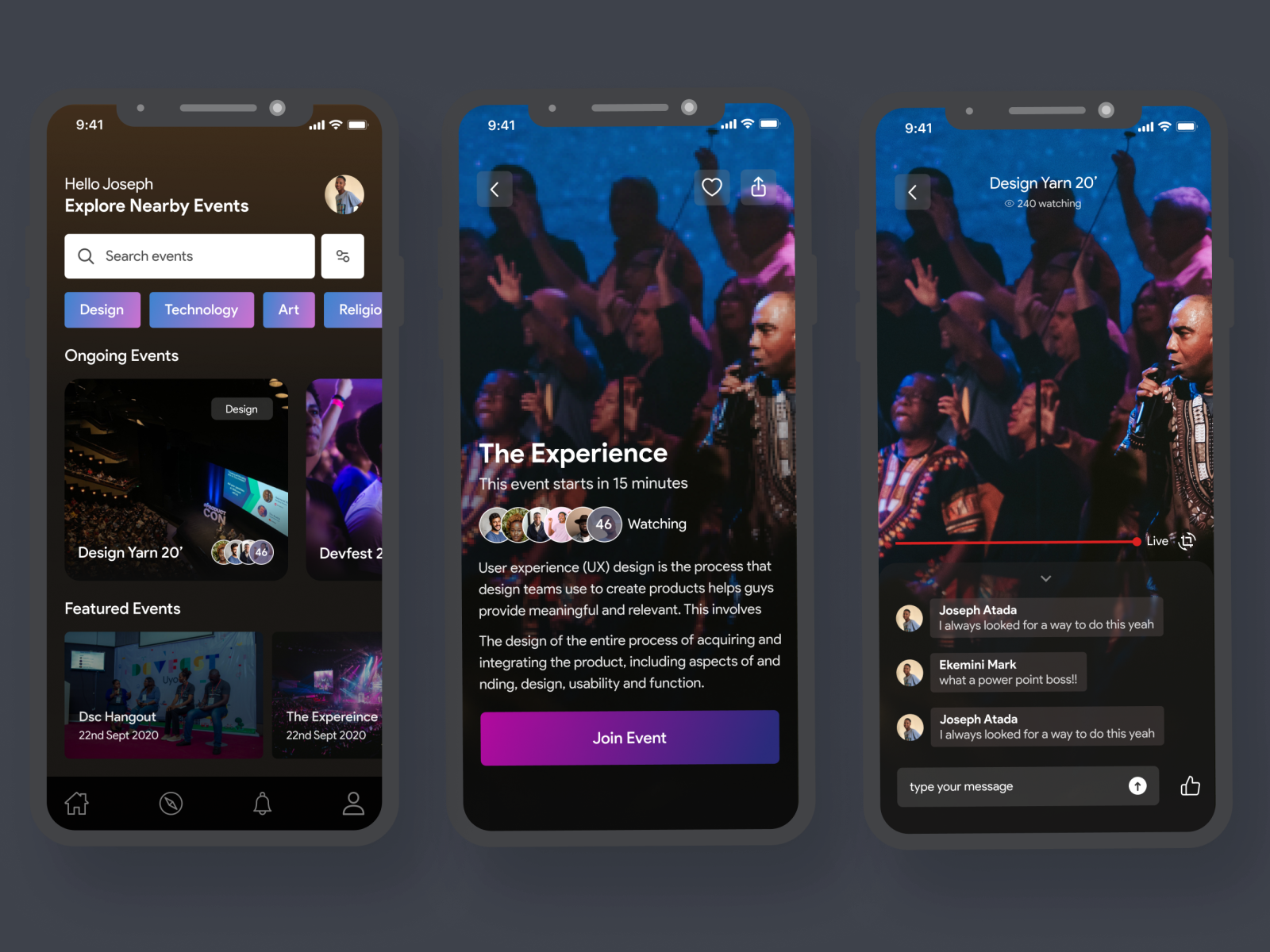 Virtual event livestream app by Joseph Atada on Dribbble
