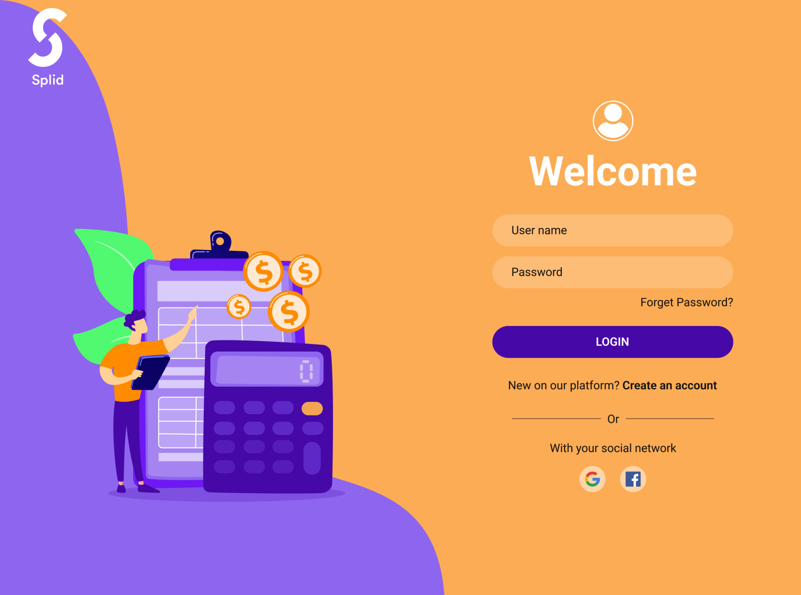 Splid login page by Swetha Ravi on Dribbble