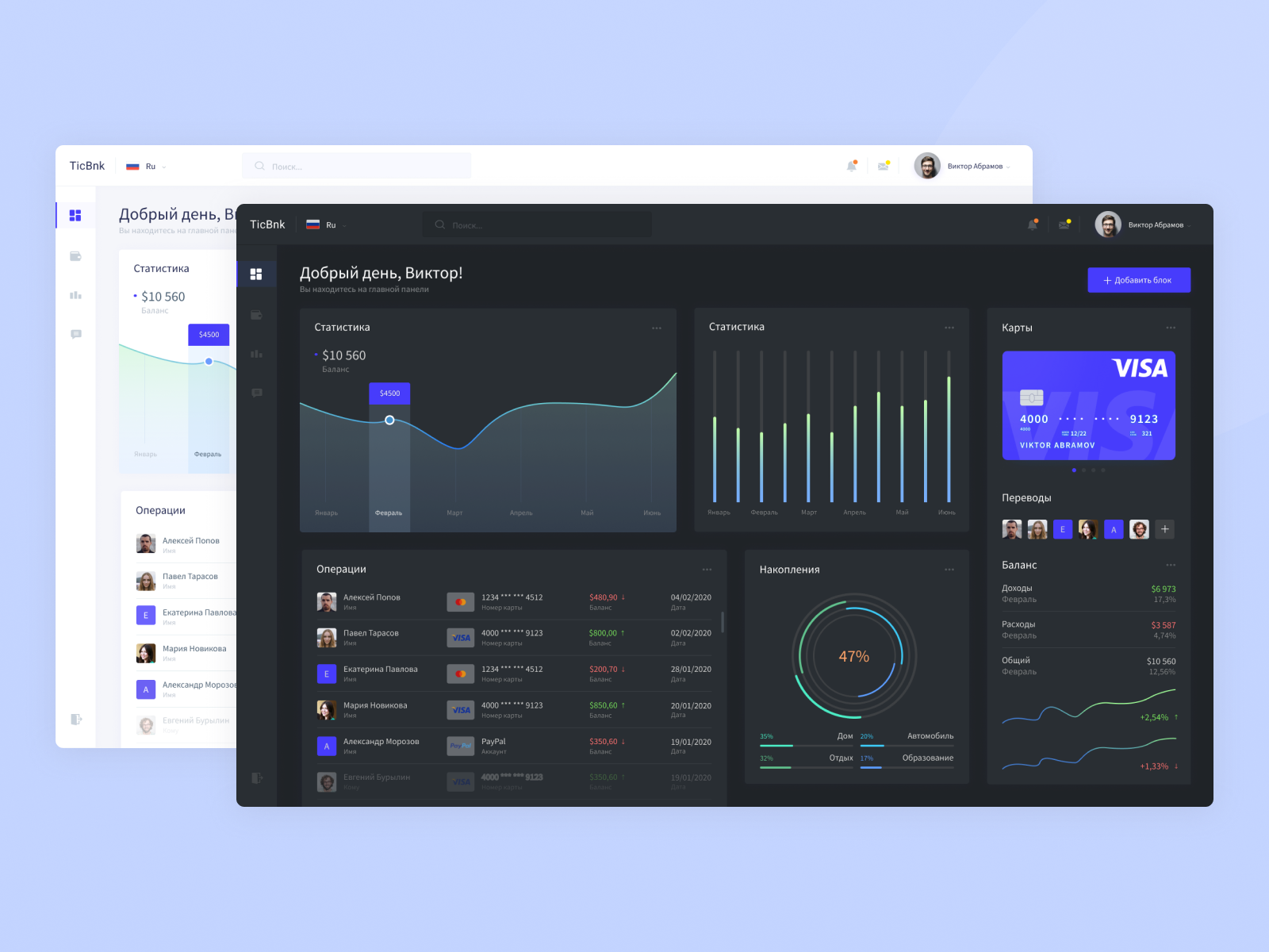 Online banking dashboard dark & light by Eldar Sitdikov on Dribbble