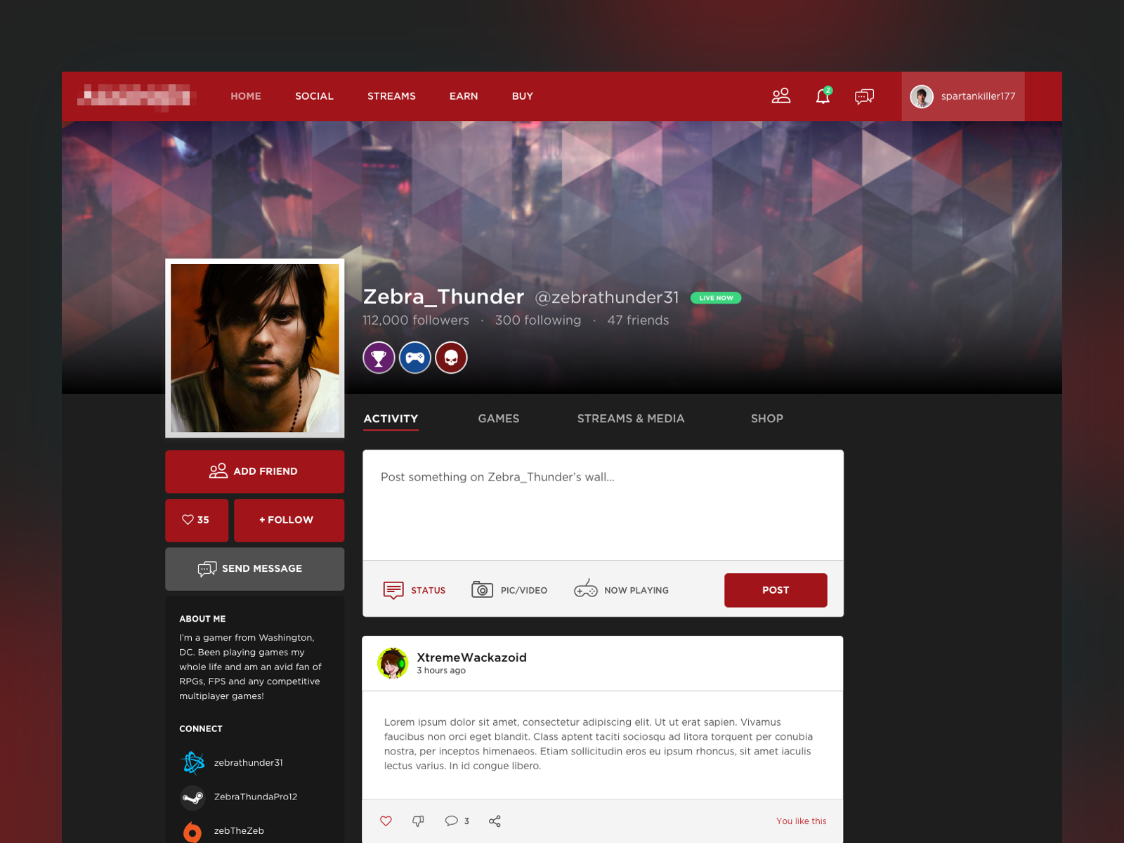 Gaming Social Network Profile UI by Brendan Ho on Dribbble