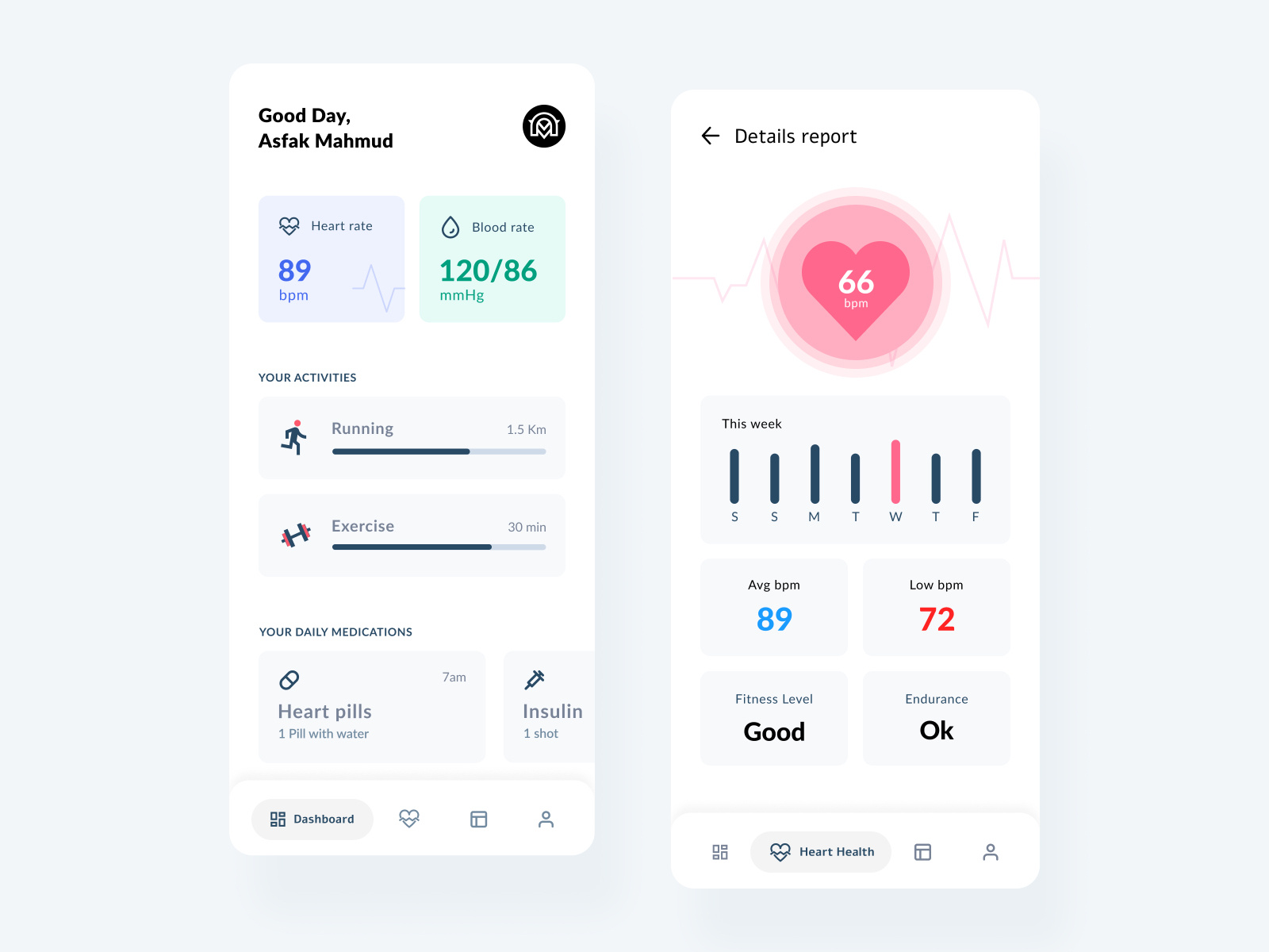 Health assistant mobile app light UI design by Asfak Mahmud on Dribbble