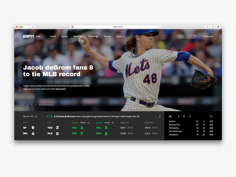 Baseball news site by Robbie Scott on Dribbble
