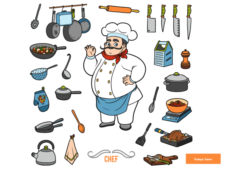 Cartoon chef and set of of kitchen items by Ksenya Savva on Dribbble