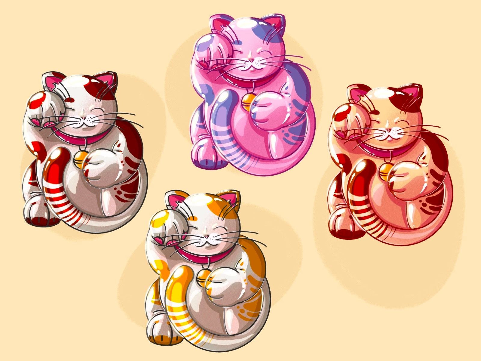Maneki neko illustration various colors by Monika Suchodolska for Felic ...