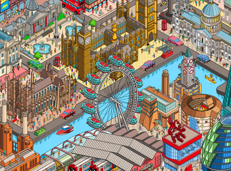 London: A Seek and Find isometric illustration by Gus Morais on Dribbble