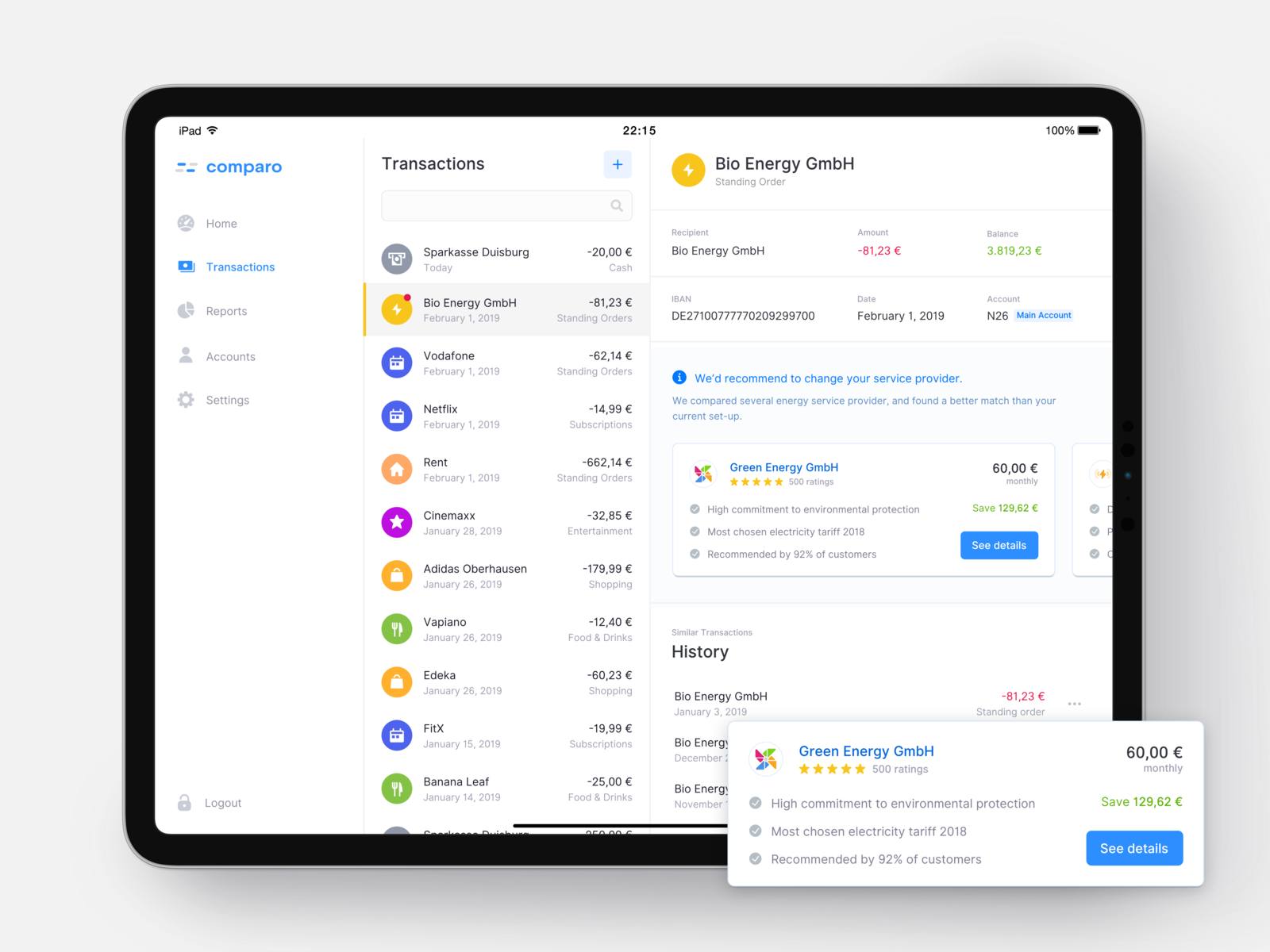 iPad Banking App – Price comparison by Jan Hoffmann for Fintory on Dribbble