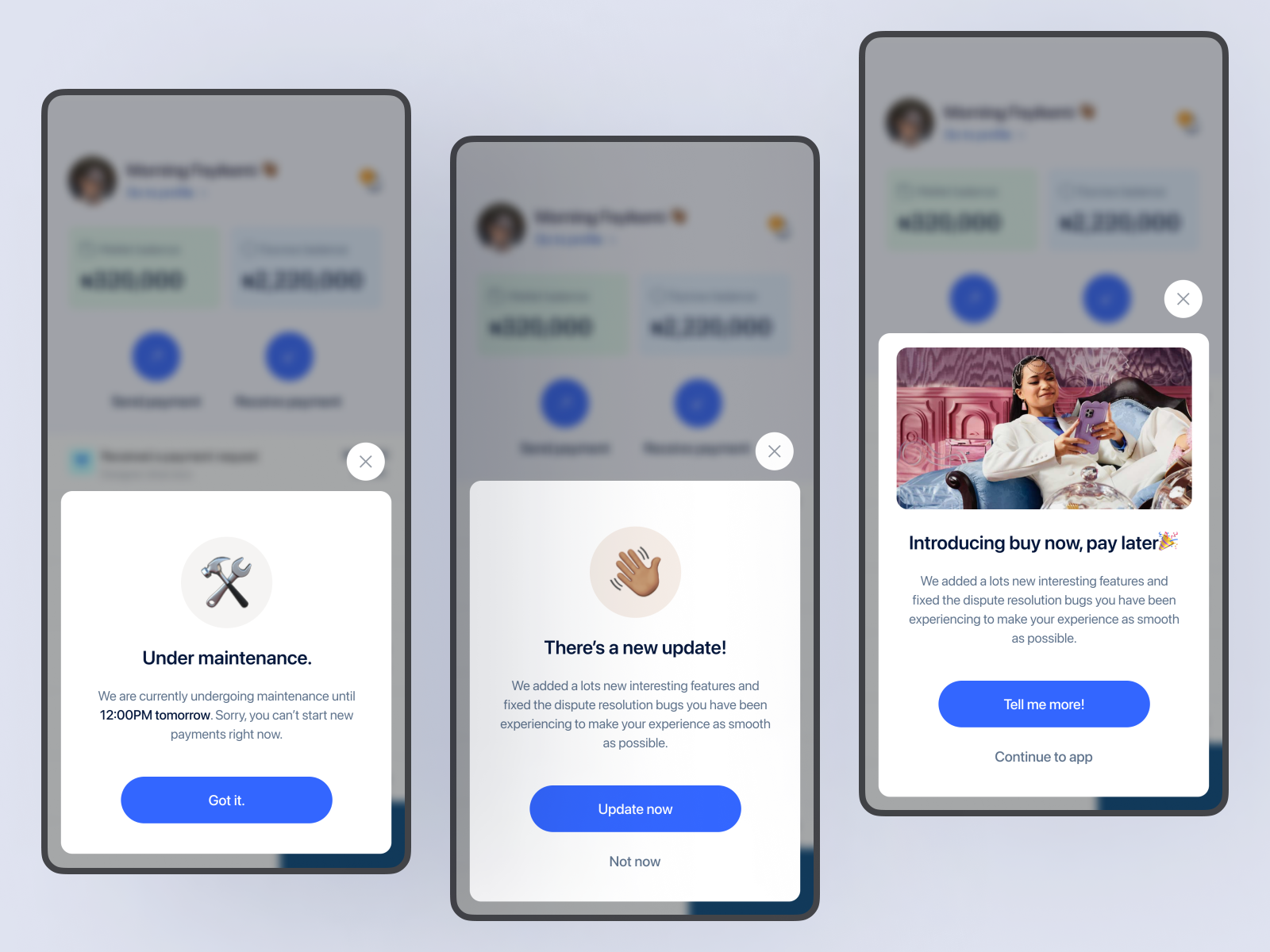 Info screens: Under maintenance, new app update and new feature. by ...