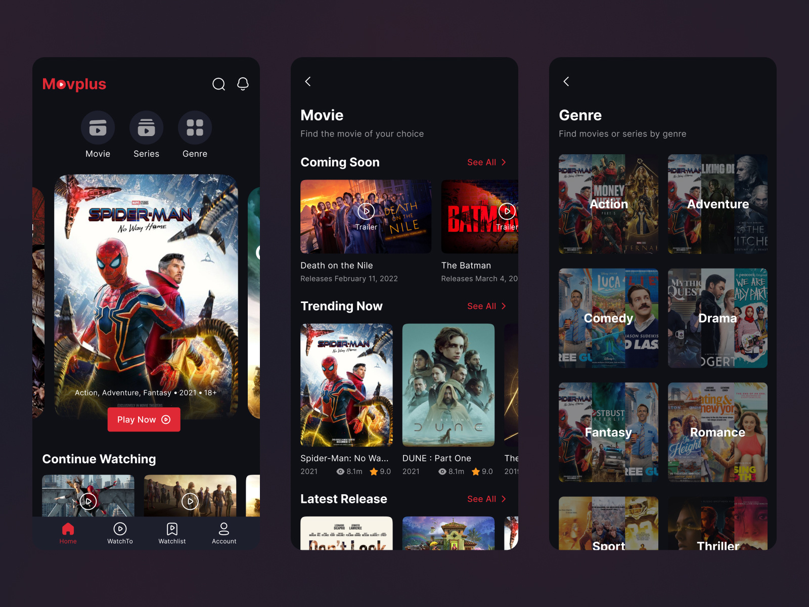 Movplus App - Home, Movie & Genre Movie App by Hawari Muhtarom on Dribbble