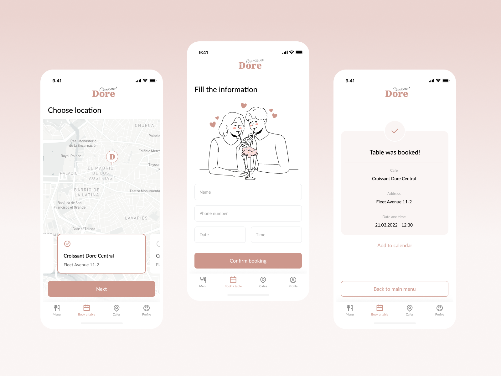 Croissant Dore booking flow by Daria Krasilnikova on Dribbble