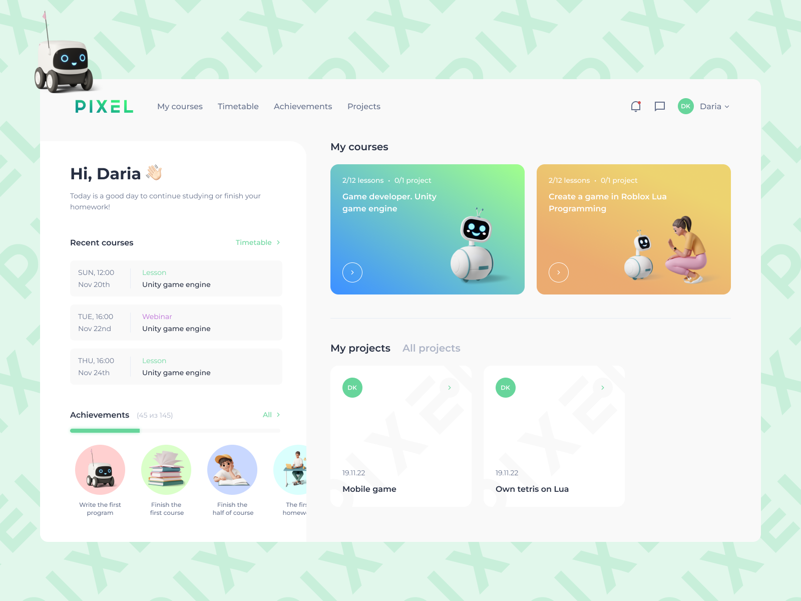 Pixel student's dashboard by Daria Krasilnikova on Dribbble