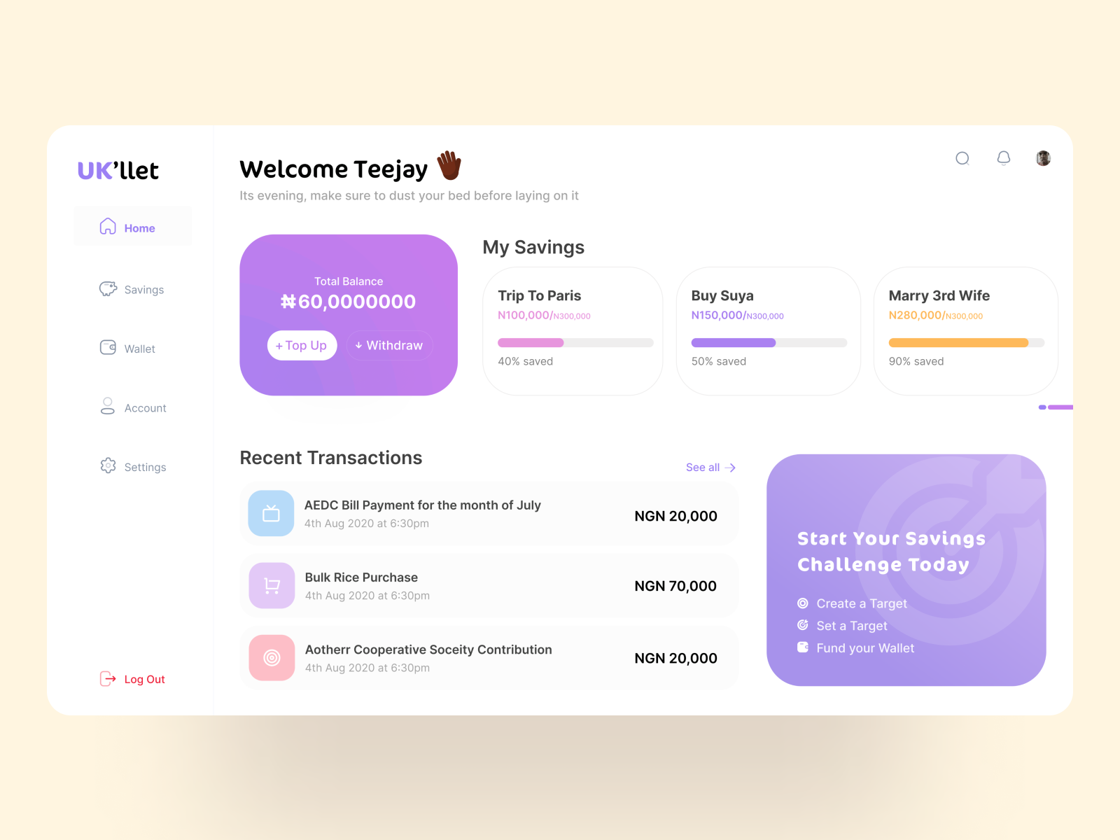 Savings/Wallet Web App by Fatima Ummi Abdulkadir on Dribbble