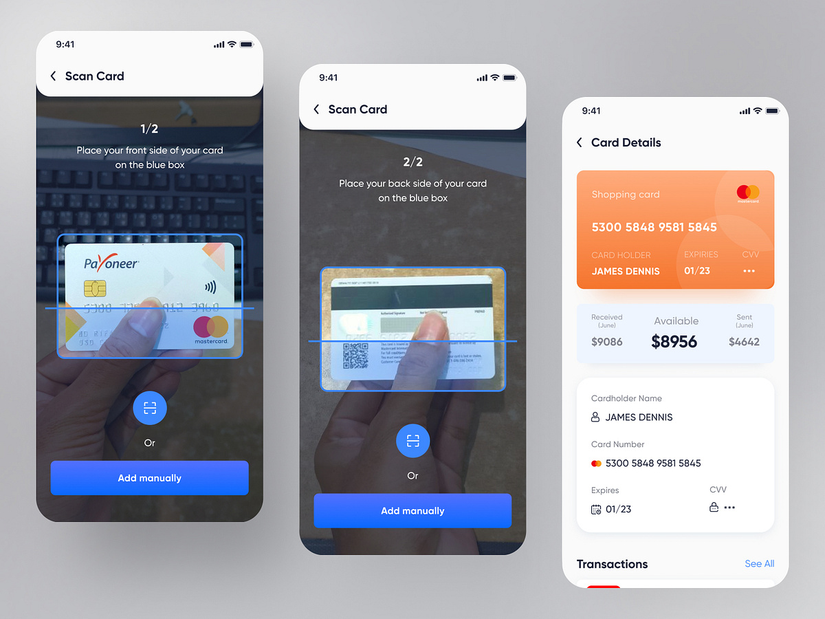 Wallet App Design | Scan Card | Card Details by Rifat Sarkar on Dribbble