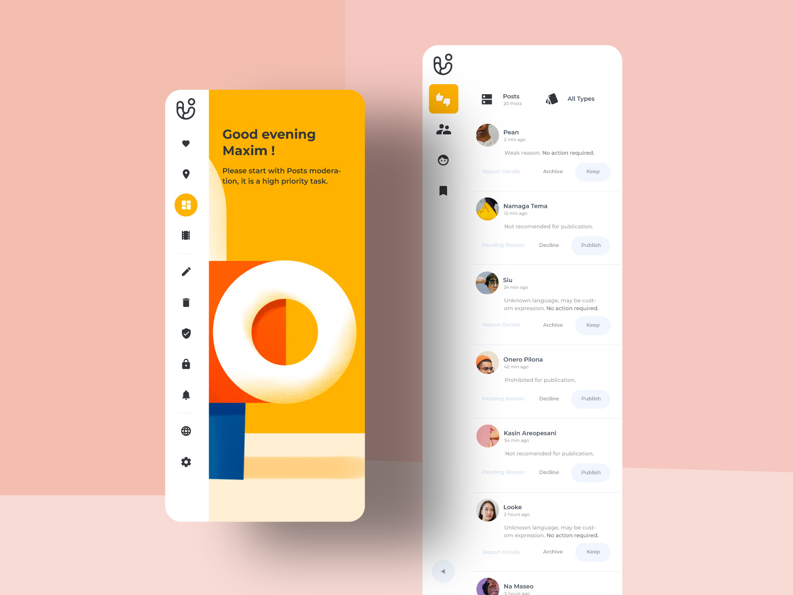 Welcome and moderate posts screens. Admin mobile UI by Maxim Aginsky on ...