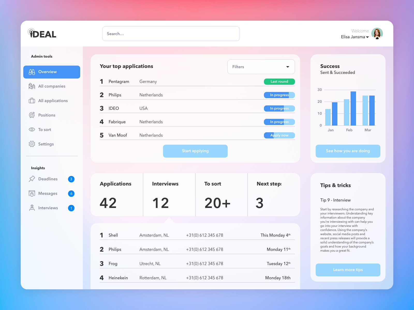 Job Search Dashboard - 'iDEAL' candidate by Mathieu on Dribbble