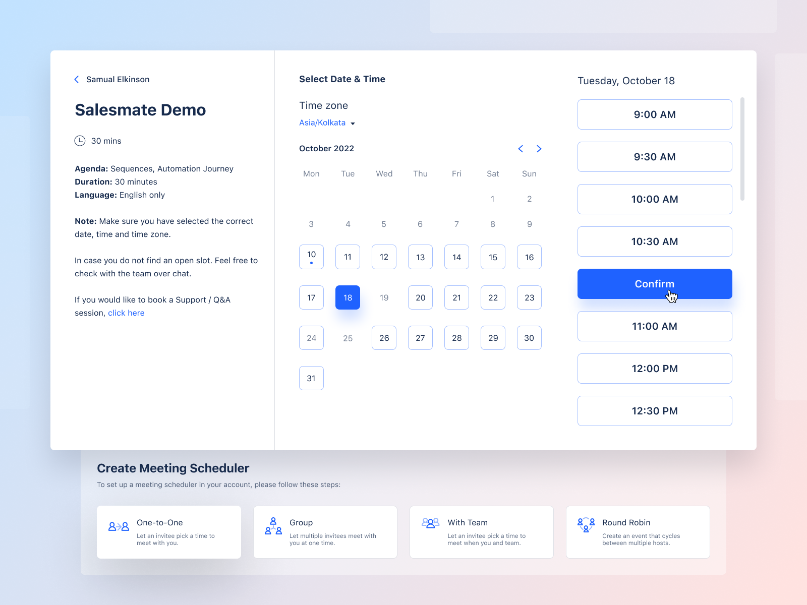 Salesmate: Meeting Scheduler by Kavan Shah for Rapidops on Dribbble
