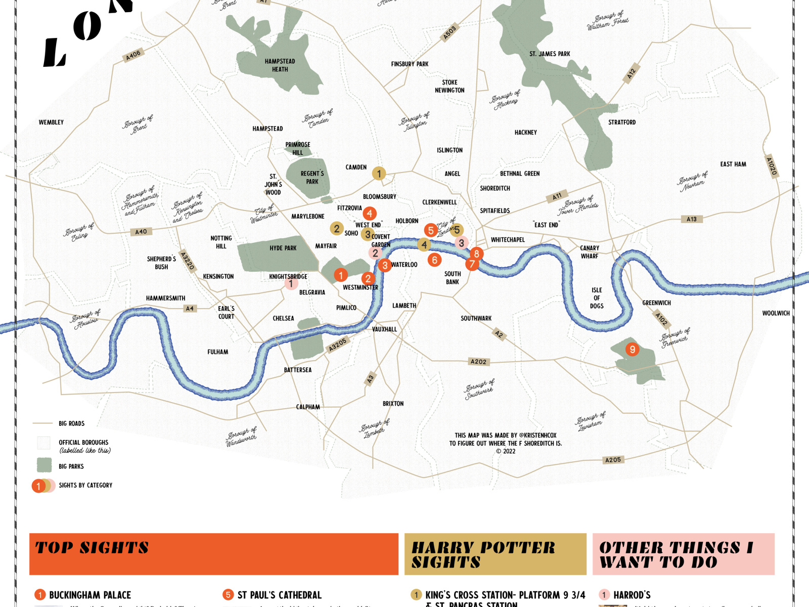 Map of London (neighborhoods, boroughs and sights) by Kristen Cox on ...