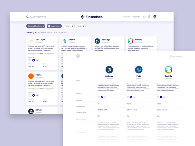 Fintechdb Database Comparison by Dario for Freaks & Dreamers on Dribbble