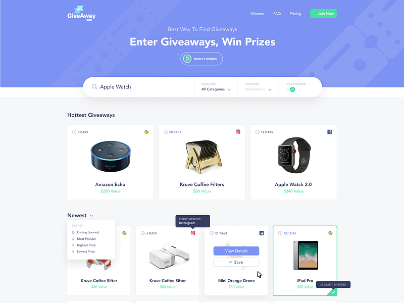 Giveaway Dashboard by David Kovalev for Unfold on Dribbble