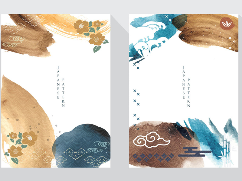 Japanese template with Asian icon background vector. Watercolor by ...