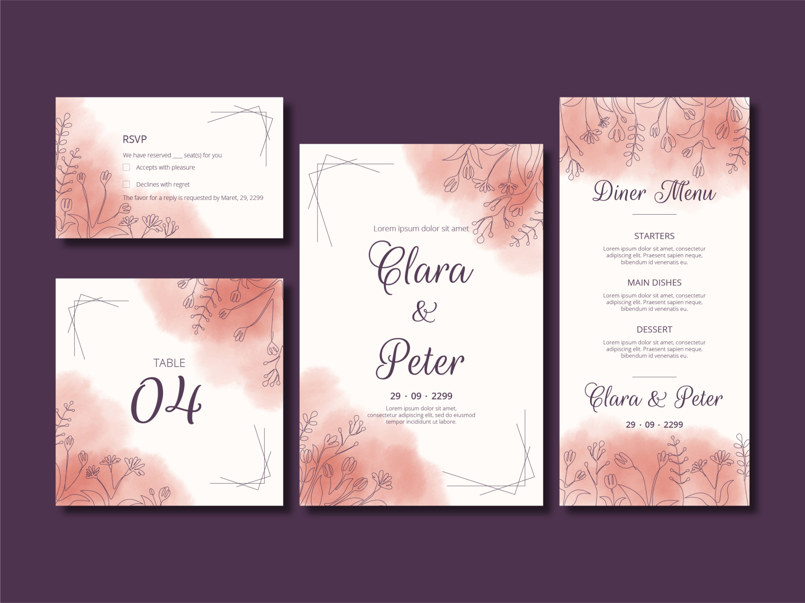 Free Invitation Wedding Card Line Art Floral Watercolor Set by Rasfarhy ...