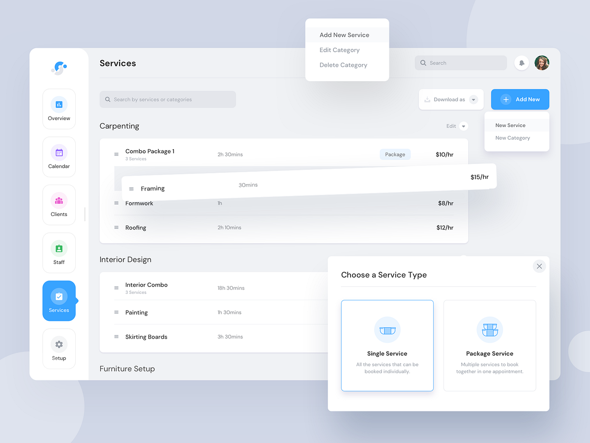 Services Screen Design - Booking Web App by Pentaclay on Dribbble
