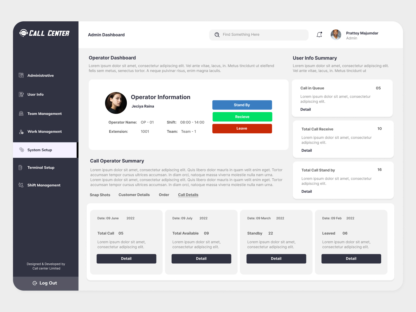Call Center Admin DashBoard by Papiya Sultana on Dribbble